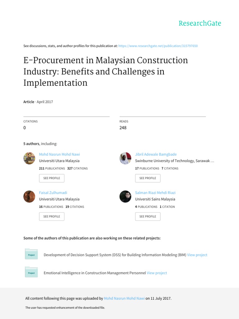 E Procurement In Malaysian Construction Industry Benefits And