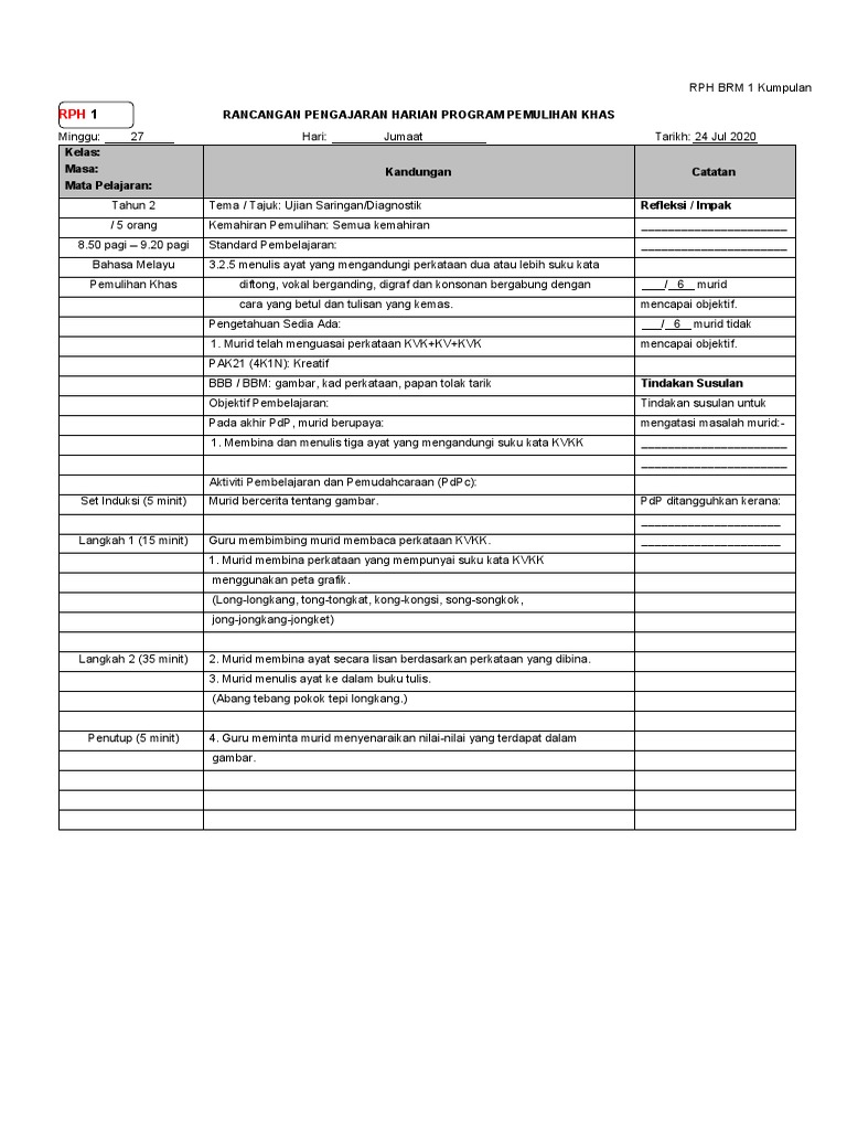RPH 7 Contoh Penulisan BRM - 1 Kumpulan B Melayu | PDF