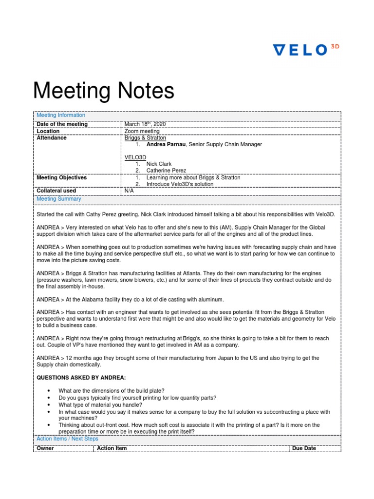 Meeting Notes - Andrea Parnau | PDF | Business