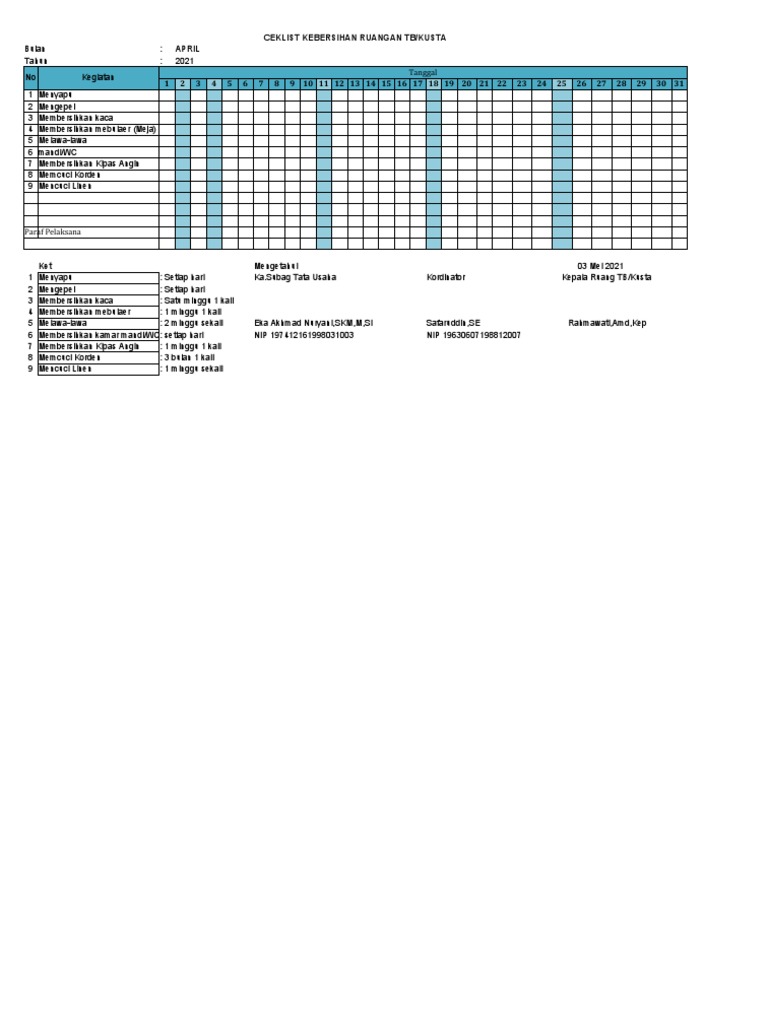 cEKLIS KEBERSIHAN RUANGAN | PDF