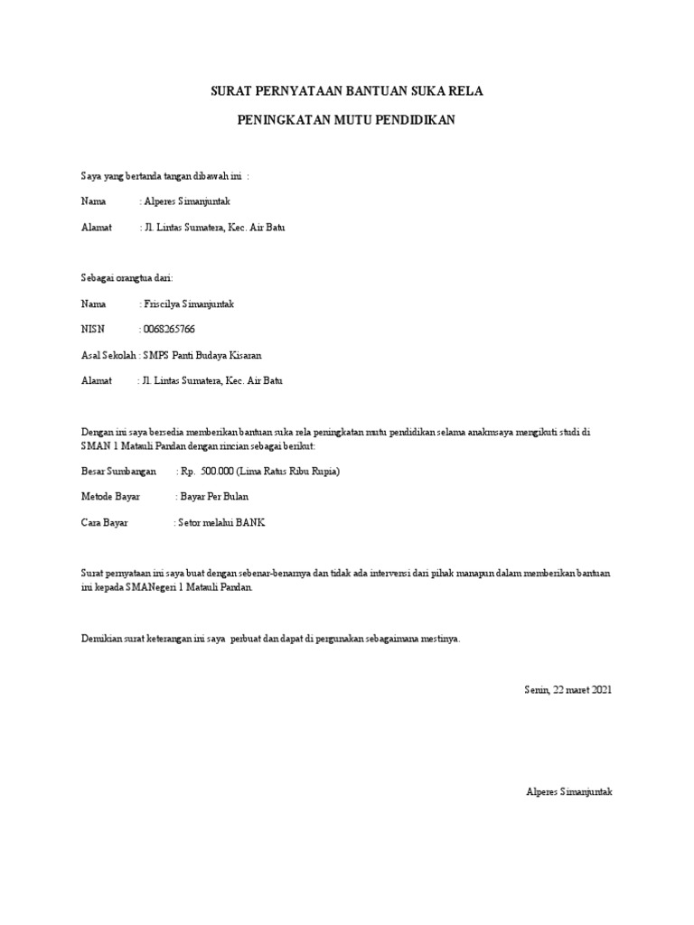 Surat Pernyataan Bantuan Suka Rela | PDF