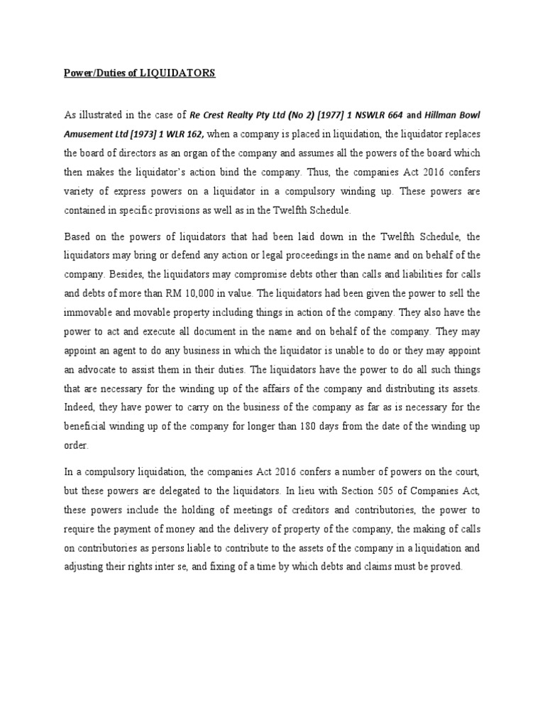 Power and Duties of LIQUIDATORS | PDF | Business | Finance & Money ...
