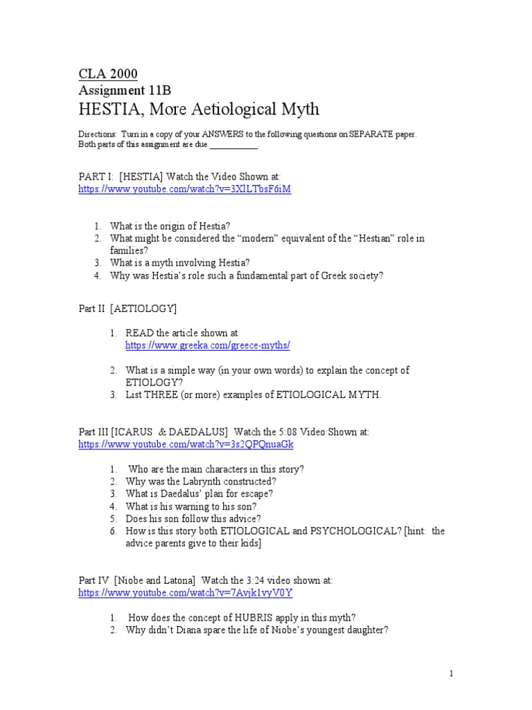 HESTIA, More Aetiological Myth: CLA 2000 Assignment 11B | PDF | Hades ...