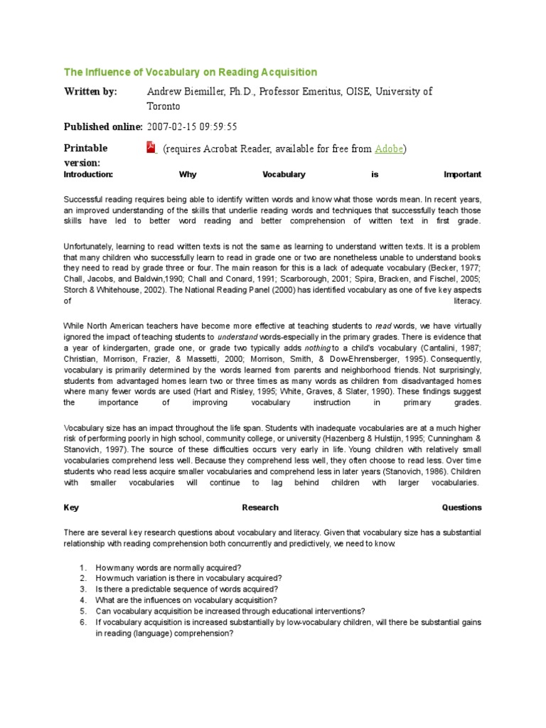 The Influence of Vocabulary On Reading Acquisition | PDF | Vocabulary ...