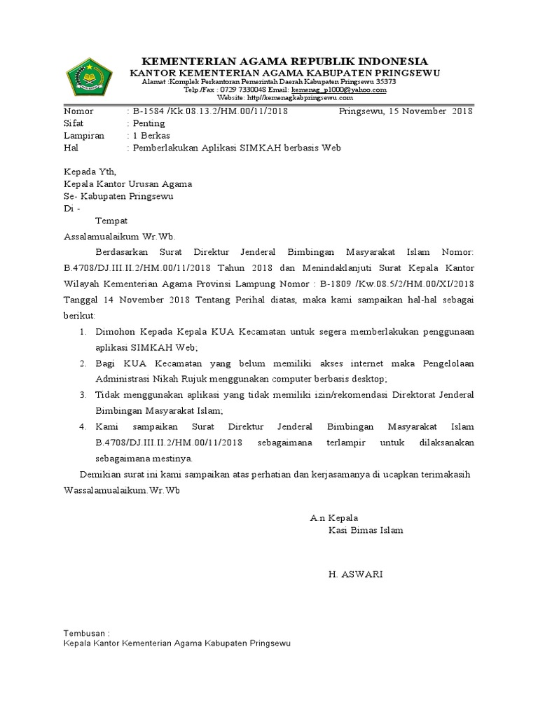 Surat Pemberlakuan Aplikasi Simkah | PDF