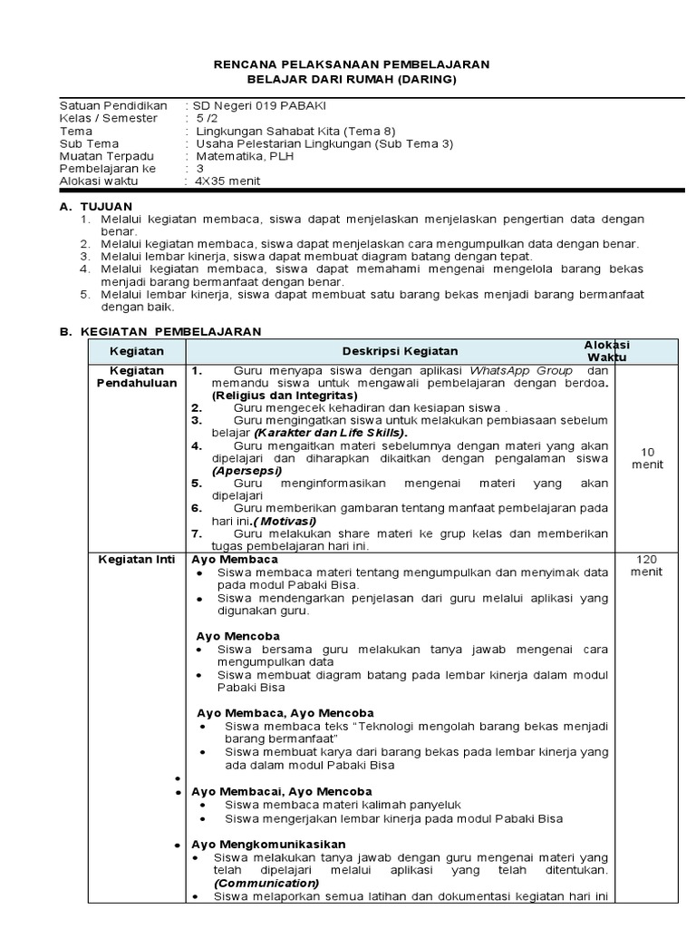 RPP Daring Kelas 5 Tema 8.3.3 | PDF