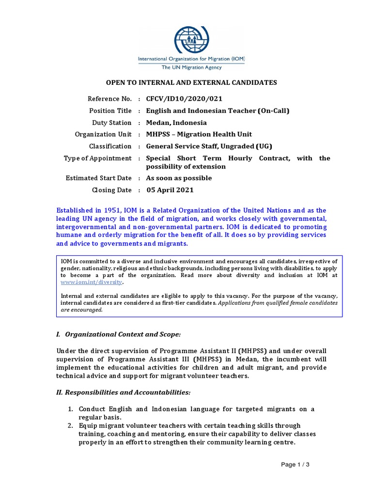 CFCV 021 - 2021 - English and Indonesian Teacher (On-Call), Medan | PDF ...