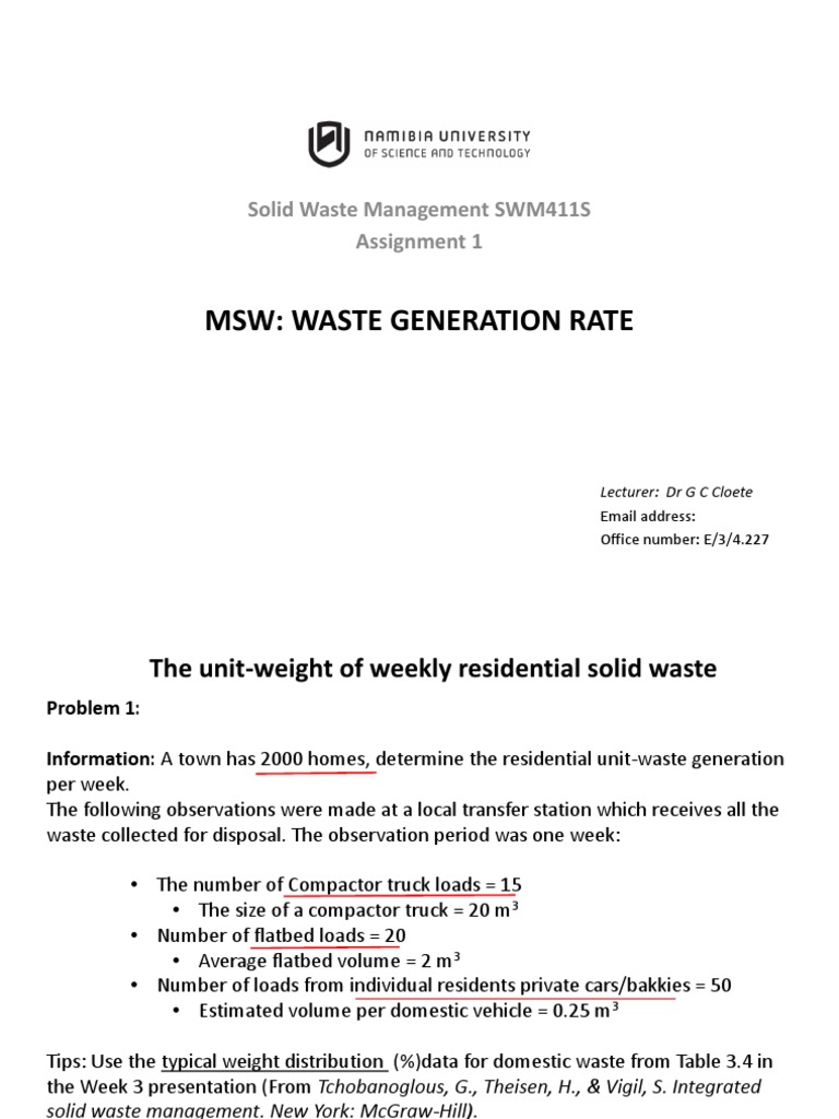 MSW: Waste Generation Rate: Solid Waste Management SWM411S Assignment 1 ...