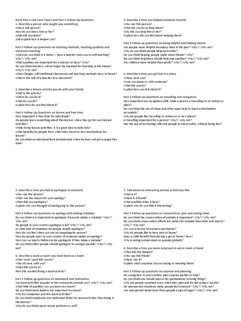 IELTS Part 2 Cue Card Topics and Part 3 Follow Up | PDF | News ...