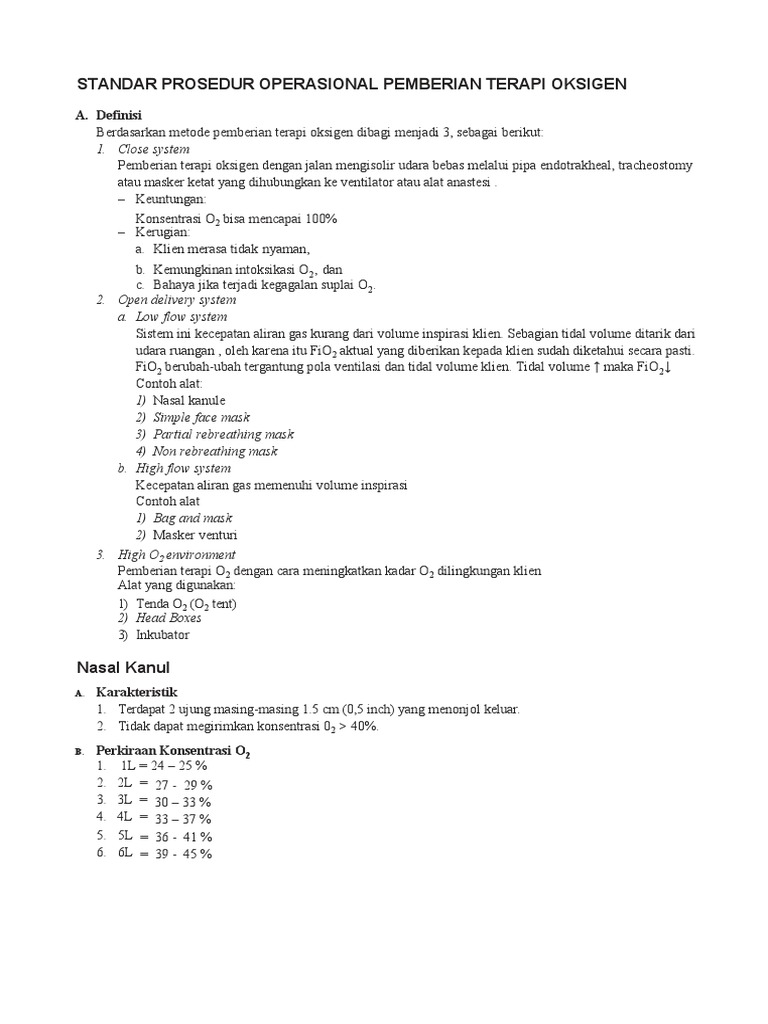 Standar Prosedur Operasional Pemberian Terapi Oksigen | PDF