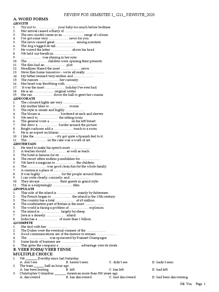 Review For Semester I - Writing - K11 - 2020 - ST | PDF