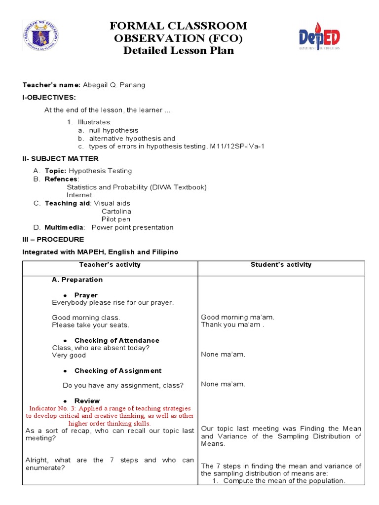 Formal Classroom Observation (Fco) Detailed Lesson Plan: Teacher's Name ...