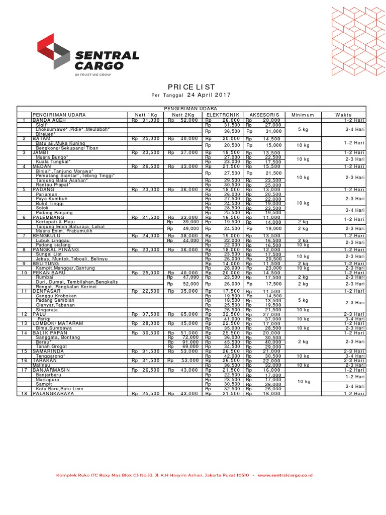 Tarif Pengiriman Sentral Cargo 2023 | PDF
