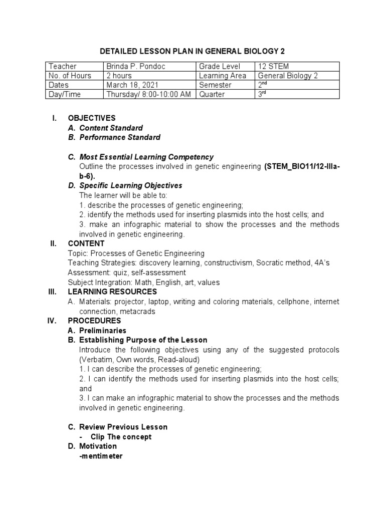 Detailed Lesson Plan in General Biology 2 | PDF | Art | Computers