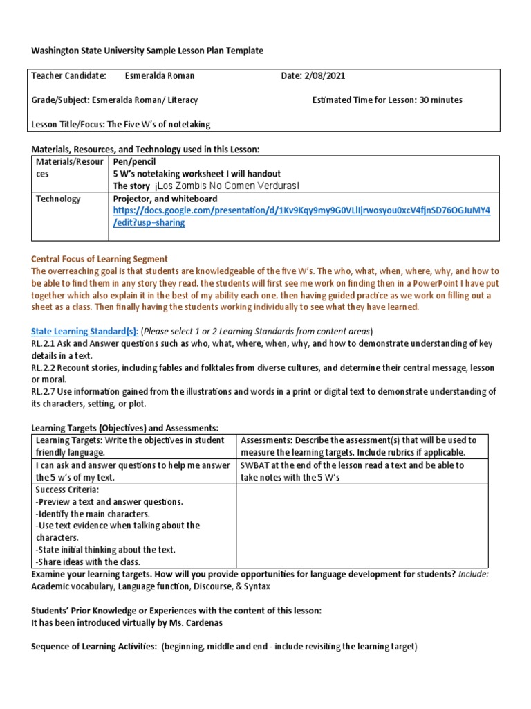 Washington State University Sample Lesson Plan Template2020-21 Final 3 ...