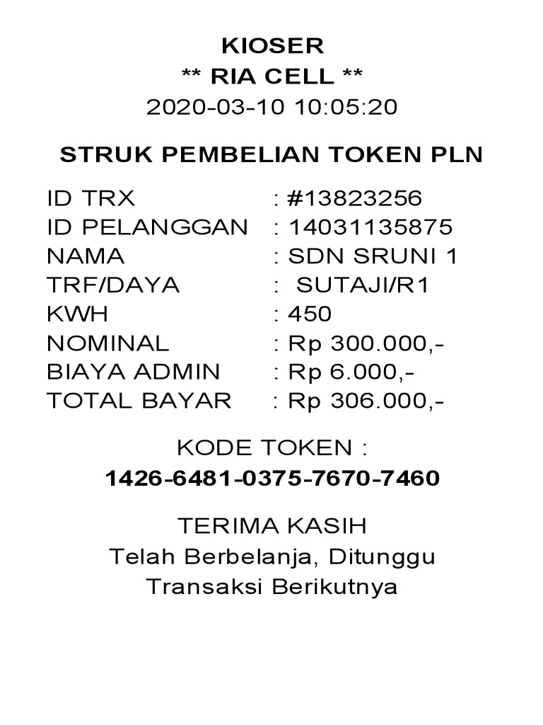 Struk Pembelian Token PLN R1 450 KWH | PDF