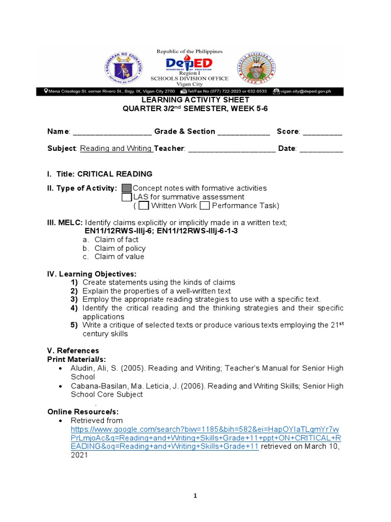 Critical Reading Strategies for Grades 5-6 | PDF | Phobia | Speed Reading