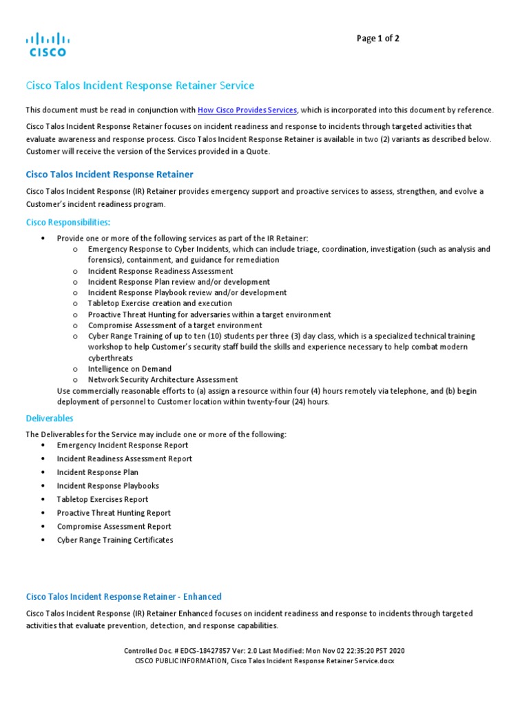 Cisco Talos Incident Response Retainer | PDF | Cisco Systems | Incident ...