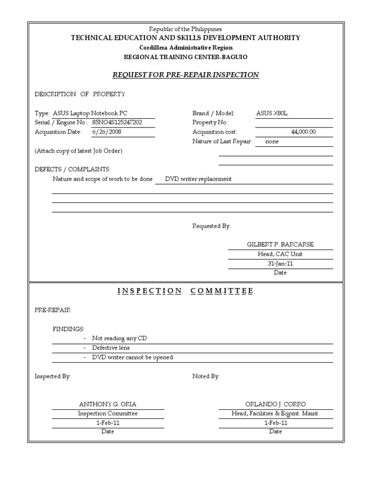 Request For Pre-Repair Inspection | PDF | Bearing (Mechanical) | Machines