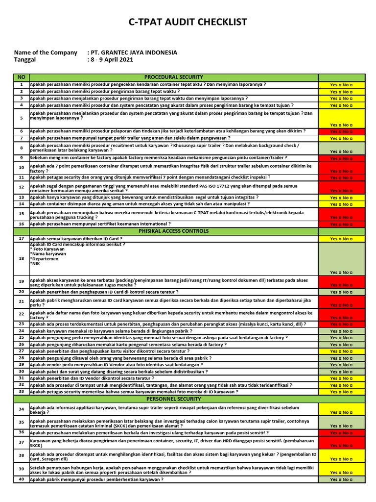 Checklist Audit C-TPAT PT Grantec Jaya | PDF
