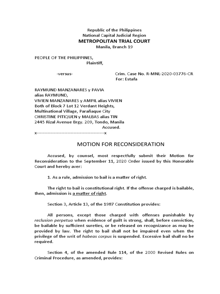 Motion For Reconsideration Branch 19 | PDF | Bail | Arrest