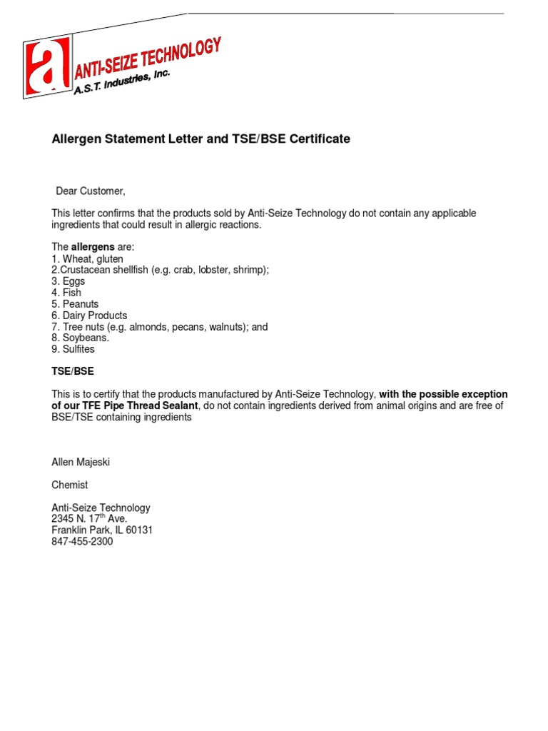 Allergen and BSE/TSE Statement Letter | PDF | Cooking, Food & Wine ...