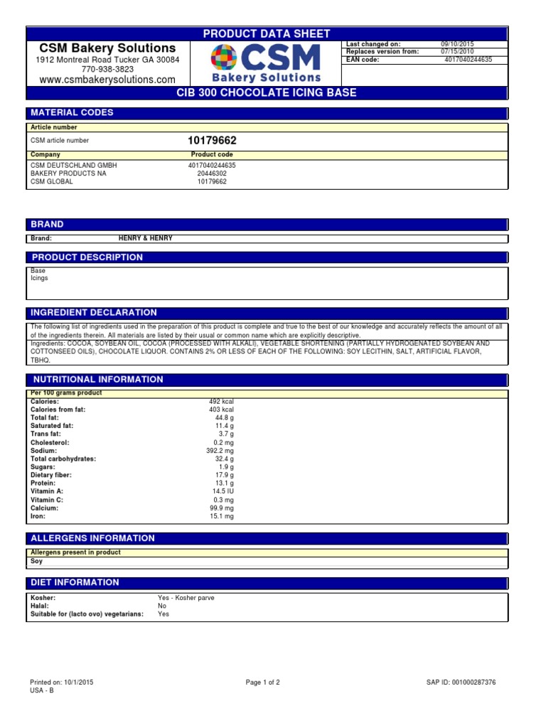 CSM Bakery Solutions: Product Data Sheet | PDF | Fat | Food Safety