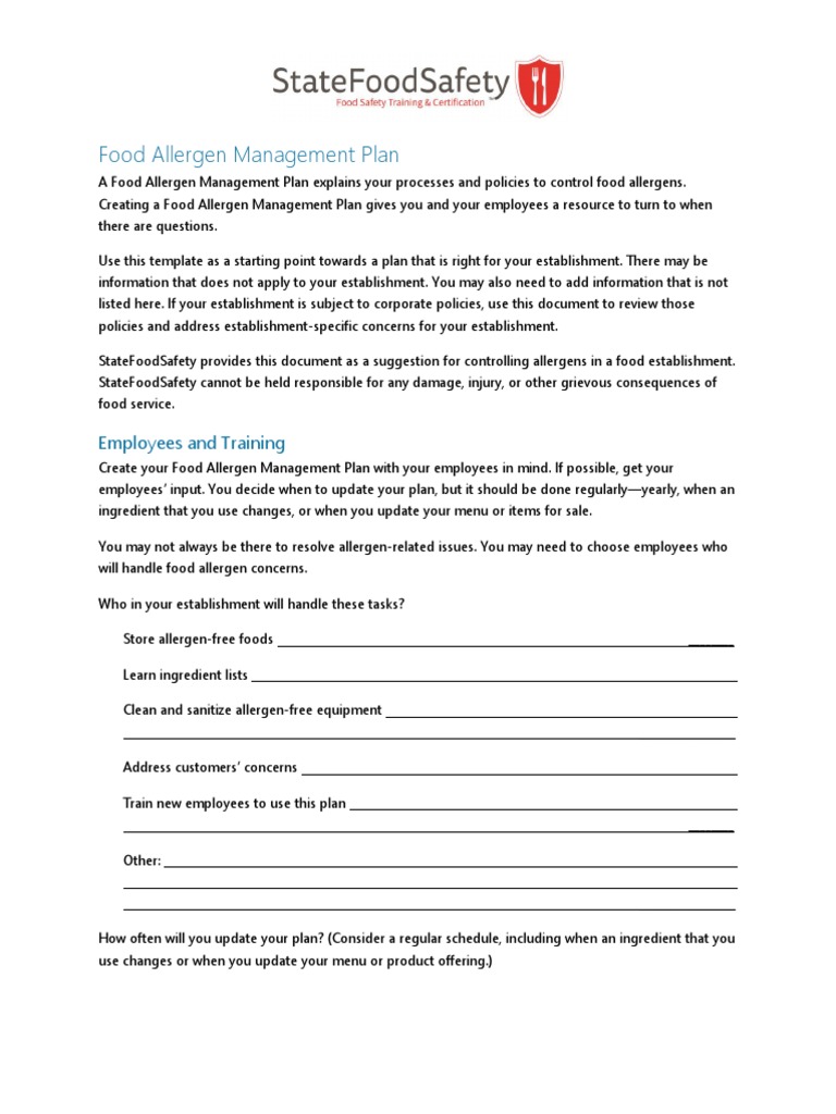 Food Allergen Management Plan Template | PDF | Food Allergy | Allergology