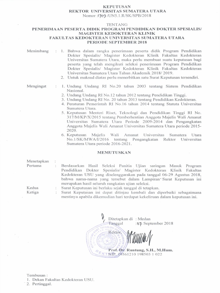 SK Rektor Penerimaan PPDS FK Usu Periode September 2018 | PDF