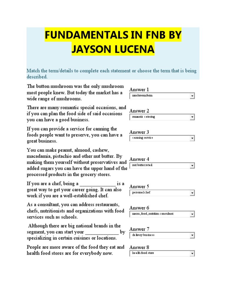 Fundamentals in FNB by Jayson Lucena | PDF | Foodservice | Restaurants