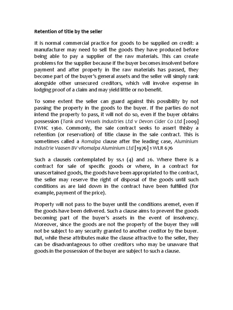 Retention of Title by The Seller | PDF | Sales | Bankruptcy