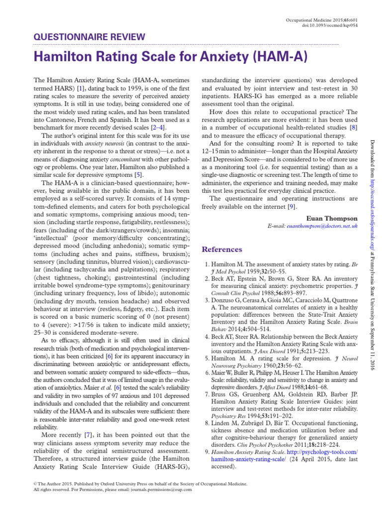 Hamilton Rating Scale For Anxiety (HAM-A) : Questionnaire Review | PDF ...
