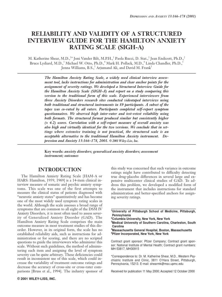Reliability and Validity of A Structured Interview Guide For The Hamilton Anxiety Rating Scale ...
