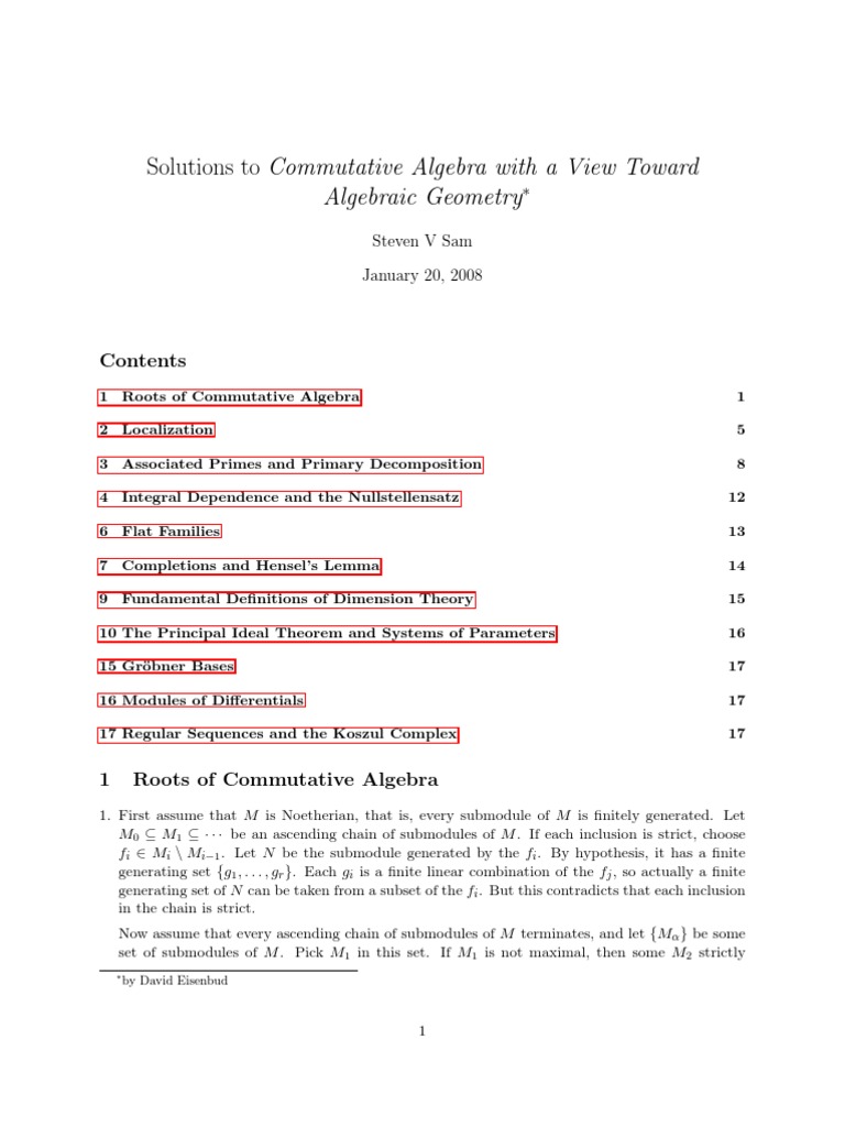 Solutions To Commutative Algebra With A View Toward Algebraic Geometry ...