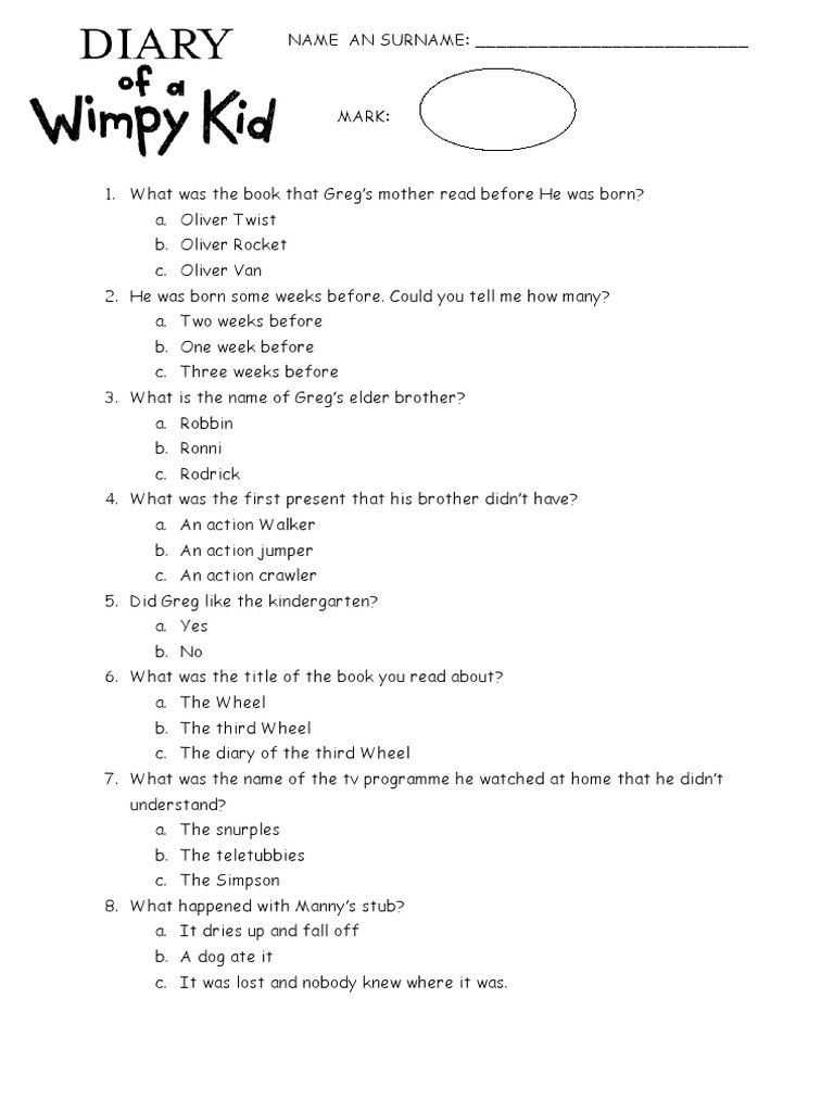 Quizz Diary of A Wimpy Kid The Third Wheel | PDF