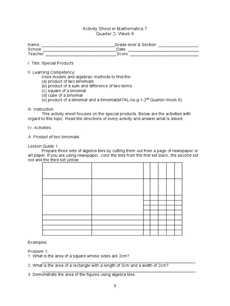 Activity Sheet in Mathematics 7 Quarter 2-Week 6: A. Product of Two ...