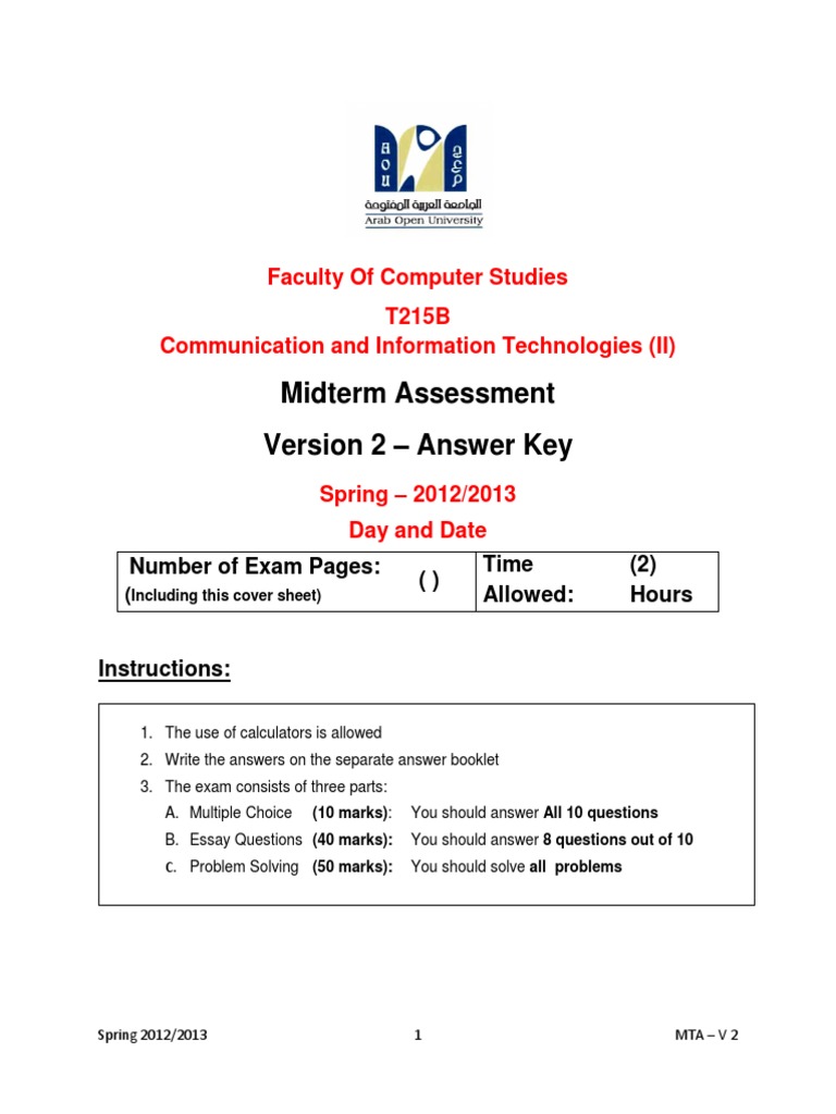 Midterm Assessment - Answer Key: Faculty of Computer Studies T215B ...