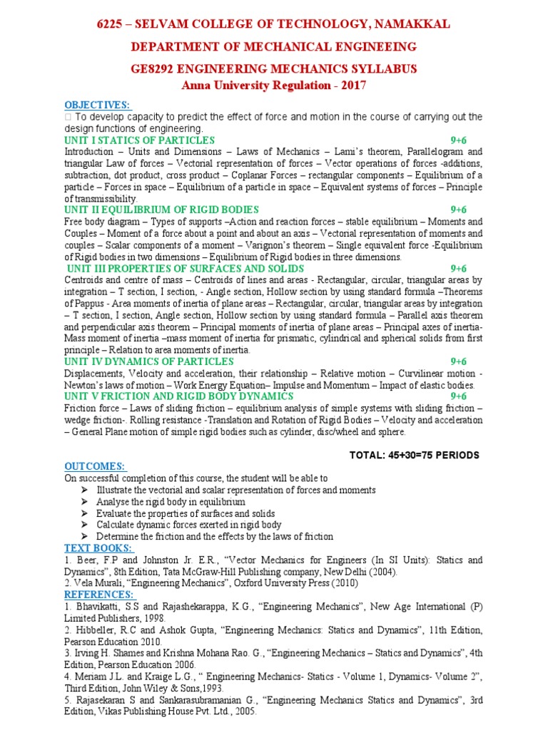 Engineering Mechanics Syllabus | PDF | Force | Euclidean Vector