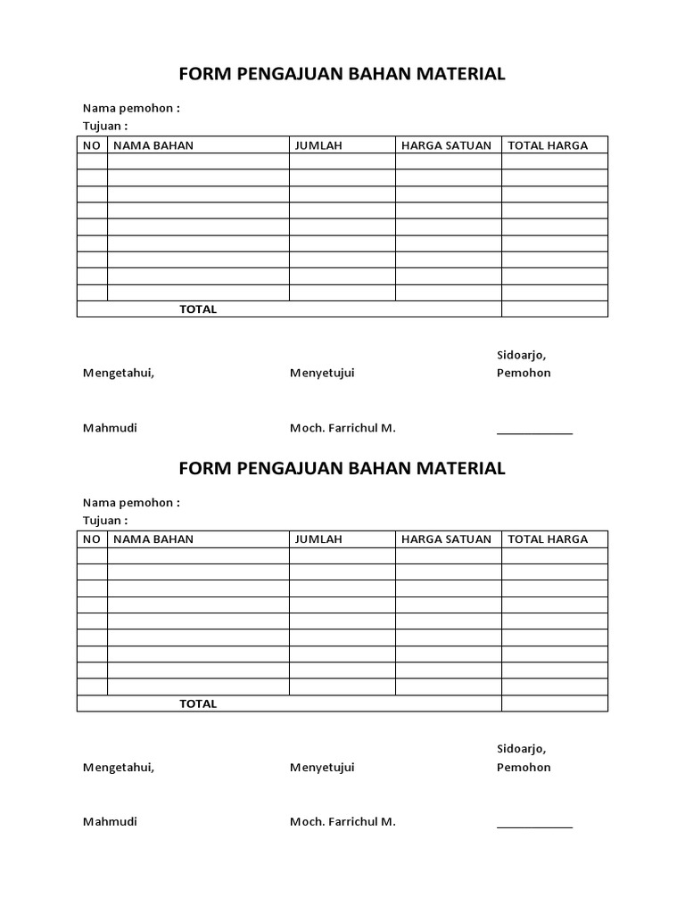Form Pengajuan Bahan Material | PDF
