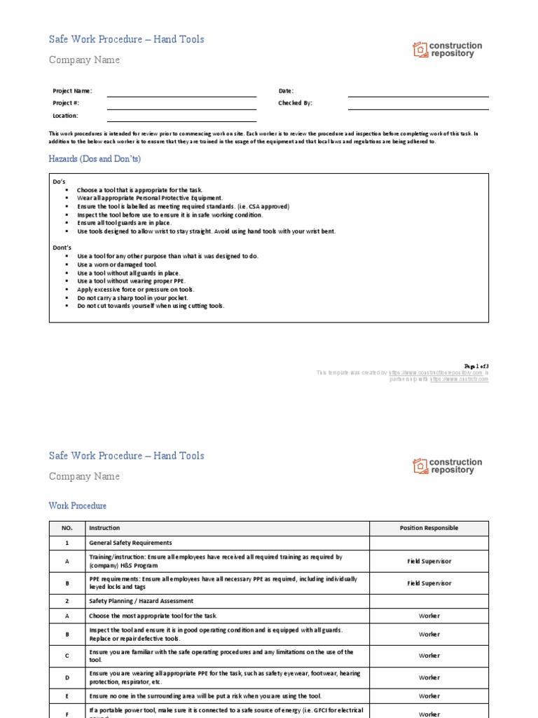 Company Name: Safe Work Procedure - Hand Tools | PDF | Personal ...