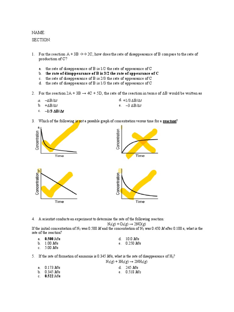 Rate law and reaction mechanisms quiz | PDF | Chemical Reactions ...