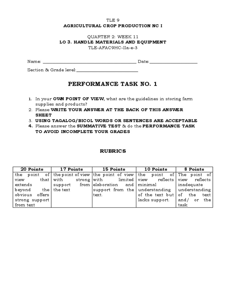Performance Task No. 1: Agricultural Crop Production NC I | PDF ...