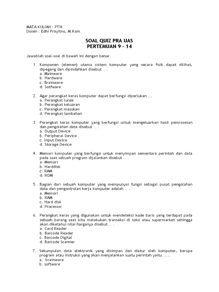 Soal Quiz Pra Uas Ptik | PDF