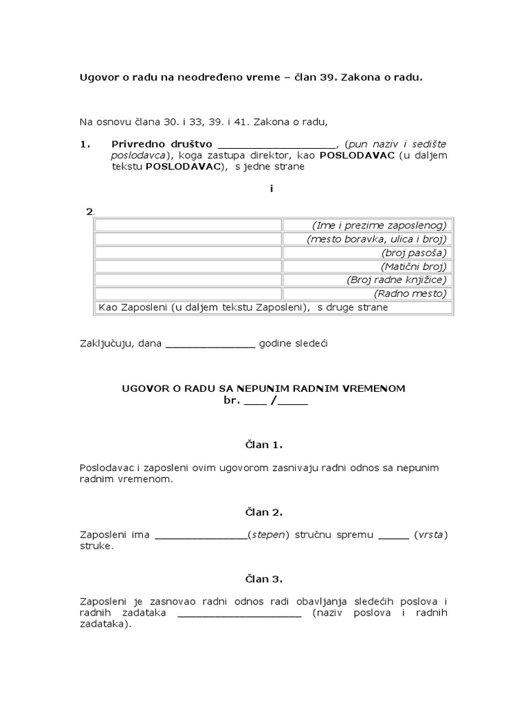 Ugovor o Radu Sa Nepunim Radnim Vremenom | PDF