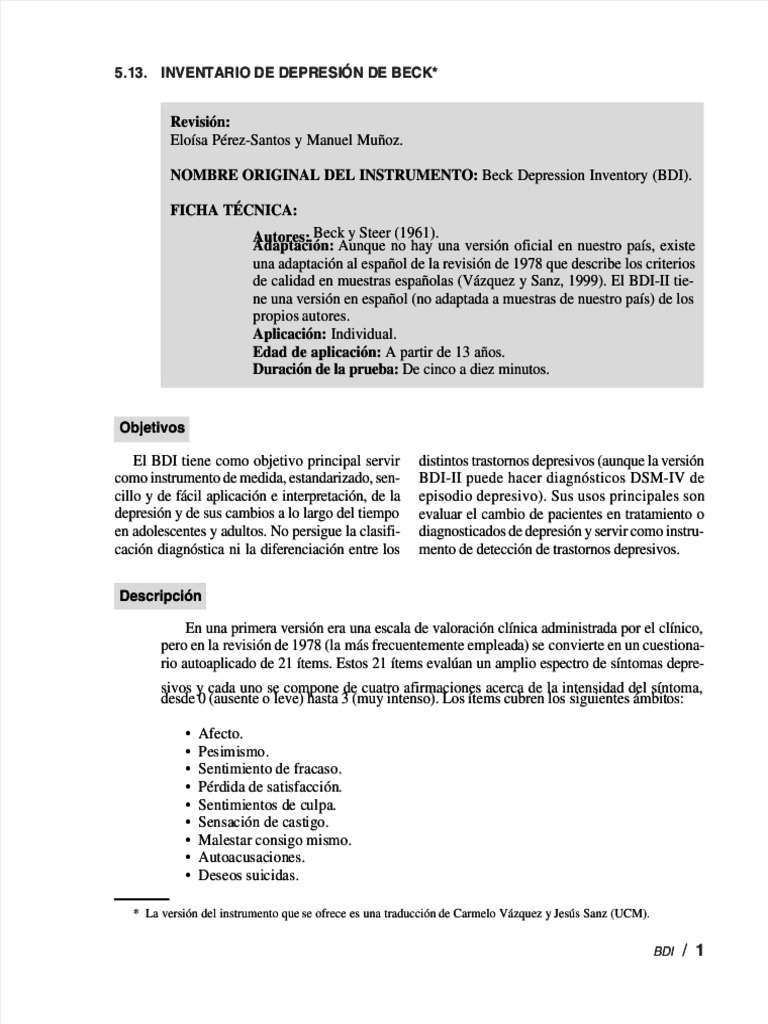 Inventario de Depresión de Beck (BDI-II) | PDF | Trastorno depresivo ...