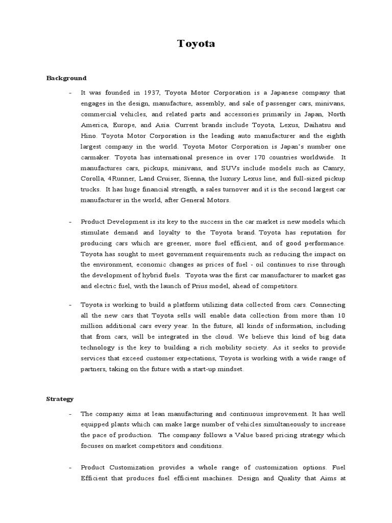 Toyota Company - Strategy Analysis | PDF | Toyota | Car