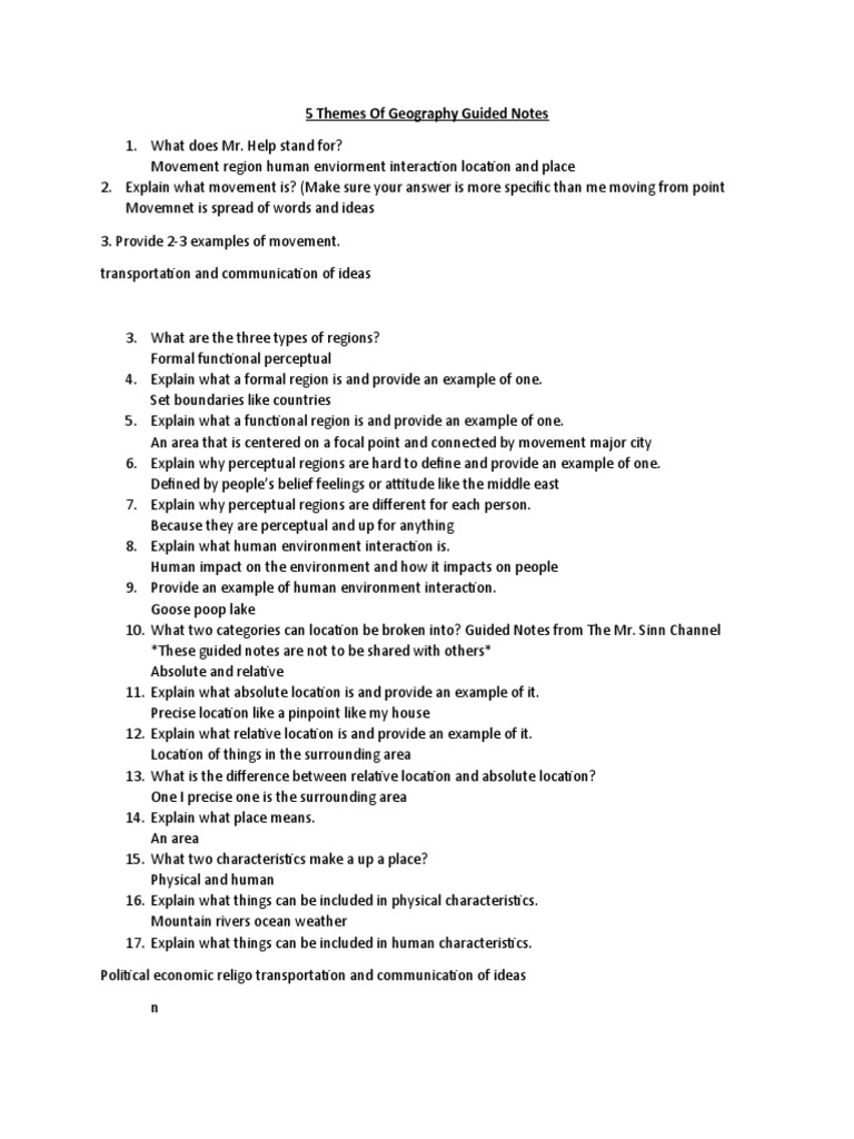 5 Themes of Geography Guided Notes | PDF | Natural Environment | Perception