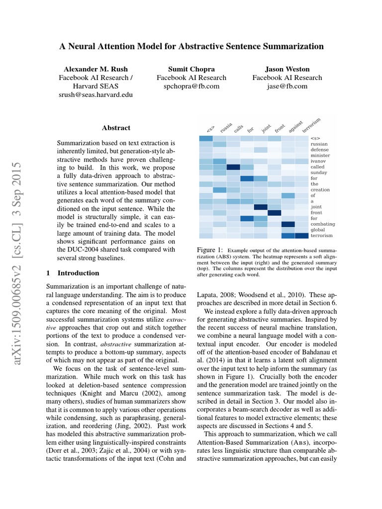 A Neural Attention Model For Abstractive Sentence Summarization Pdf Parsing Data Compression