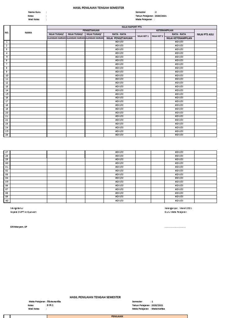 Format Nilai PTS Guru | PDF
