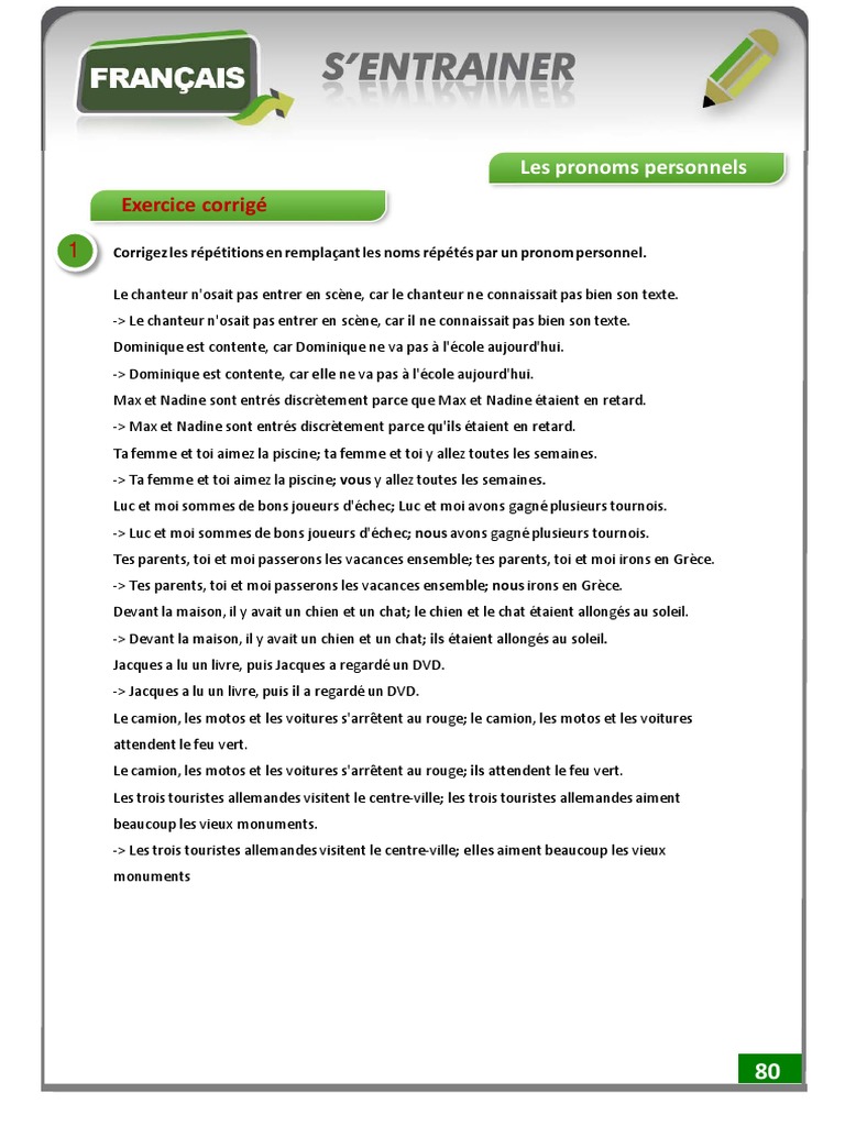 Exercices corrigés sur les pronoms personnels | PDF